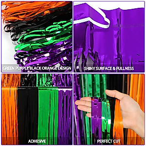 2 Packs 3.3ft x 8.2ft Halloween Purple Green Black Orange Tinsel Foil Fringe Curtains, Metallic Foil Curtains for Home Outdoor Halloween Party Photo Booth Props Decorations