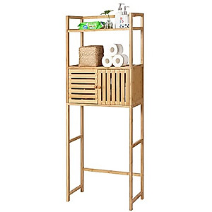 Finnhomy Over The Toilet Storage Cabinet with Doors, Over Toilet Bathroom Organizer, 3-Tier Bathroom Space Saver Organizer with Shelf, Multifunctional Toilet Rack, Natural Bamboo