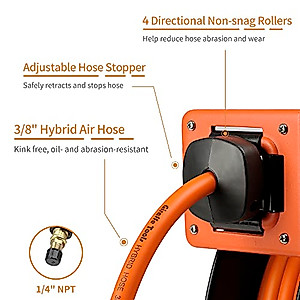 Giraffe Tools TA15 Retractable Air Compressor Hose Reel Swivel 3/8" x 50 ft Hybrid Hose, Ceiling/Wall Mounted Heavy Duty Industrial Commercial Reel, 300PSI, 50ft, Tangelo