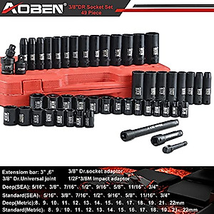 AOBEN 3/8-Inch Drive Impact Socket Set, 49 Pieces, 6 Point, SAE/Metric, (5/16" - 3/4", 8mm - 22mm), Deep/Standard, Cr-V Steel, Includes Extension Bars and Adapter