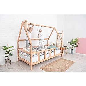 BUSYWOOD Montessori Bed For Toddlers - Wooden House Bed Frame - Twin Bed - Bed Montessori (Model 1, Natural tree, with Legs & Slats)
