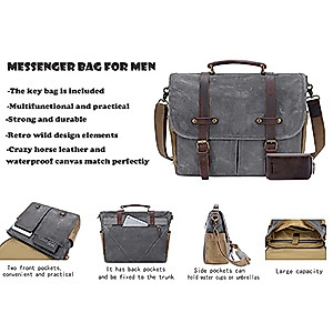 Messenger Bag for Men, 15.6 Inch Waterproof Vintage Genuine Leather Laptop Briefcase Waxed Canvas Large Computer Satchel bag Travel Leather Shoulder Work Bag with Key Bag (Dark grey)