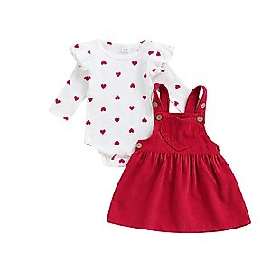 0-18M Infant Baby Girls Outfits Long Sleeve Ruffle Knit Heart Print Romper+ Suspender Skirt Overall Dress Set (Red, 3-6 Months)