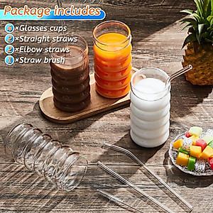 Tessco 4 Pcs Creative Glass Cups Vintage Drinking Glasses Ribbed Glassware Aesthetic Cups Entertainment Dinnerware Glassware with Straws Set for Kitchen Coffee Juice Beverage (Clear,16 oz)