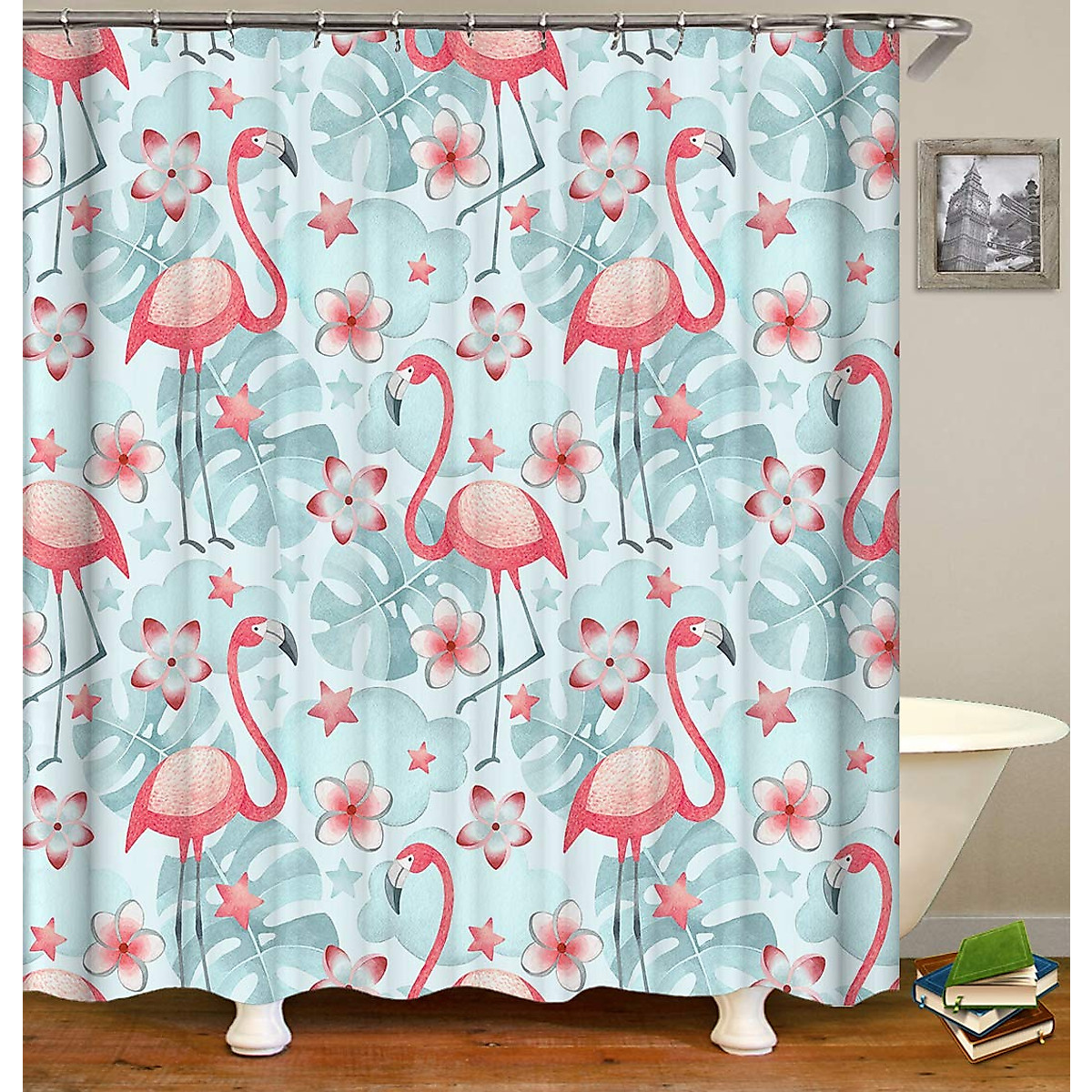 TJZ HOME Flamingo Shower Curtains Fabric, Pink Flamingo, Gray-Blue Palm Leaf Background Decoration Design Polyester Cloth Print Bathroom Curtains Include Hooks Set 72〃w by 72〃L (s2825)