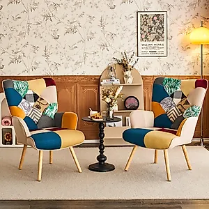 Fahomiss Accent Chair, Living Room Chair, Modern High Back Armchair, Colorful Patchwork Reading Chairs for Bedroom, Lounge Chair with Linen Fabric Shell and Solid Wood Feets (1, Colorful)