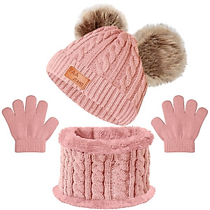 Kids Winter Beanie Hat Scarf Gloves Set, Toddlers Knit Winter Warm Double Pompom Cap Scarf Gloves for 1-5 Years Old (Pink)