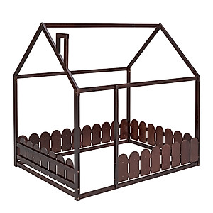 MERITLINE Full Size House Bed with Fence, Wooden Kids Montessori Beds with Roof, Playhouse Bed Frame for Toddlers Girls Boys Teens (Espresso)