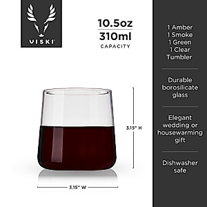 Viski Aurora Tumblers Colored Wine Glasses - Tinted Fun Cocktail Glasses in Clear, Grey, Green, and Amber - Dishwasher Safe 10.5 Oz Set of 4
