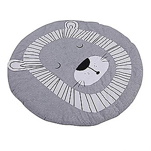 Cartoon Round Animal Pattern Play Rugs Soft Cotton Baby Toddler Play Mat Crawling Blanket for Baby Girl Boy Bedroom Decor (Gray Lion)