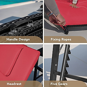 Devoko Patio Chaise Lounge Sets Outdoor Rattan Adjustable Back 3 Pieces Cushioned Patio Folding Chaise Lounge with Folding Table (Red)