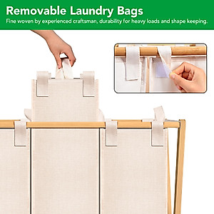 Ollieroo Laundry Hamper,150 Liters Collapsible Laundry Basket 3 Section,Large Capacity Bamboo Laundry Basket Sorter,Foldable X-Frame Dirty Clothes Hamper for Bedroom, Laundry Room, Bathroom,Beige