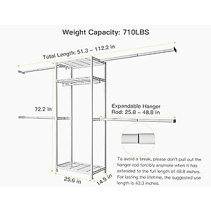 Ulif M3 Clothes Rack Closet Organizer and Storage System 3 Tiers Built-in Wall Mounted Heavy Duty Garment Rack with 4 Expandable Hanger Rods, Fits Space 4.3-9.3 ft, 72.2"H, Load Capacity 710LBS, White