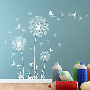 Buiory Dandelion Wall Decals Removable Flower Wall Stickers Peel and Stick Floral Butterfly Murals Dandelion Party Decoration for Bedroom Living Room Sofa Backdrop TV Dandelion Wall Decor (White)