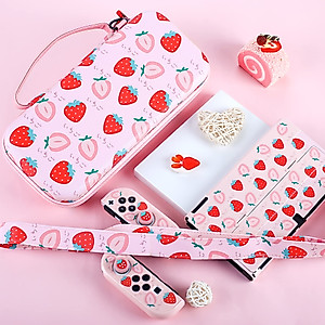 FANPL Cute Carrying Case for Nintendo Switch OLED 2021, Pink Protective Cover Accessories Bundle with Travel Case, PC Shell, Adjustable Shoulder Strap, Thumb Grips, Screen Protector (Pink Strawberry)