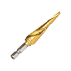 Klein Tools 25964 Step Drill Bit, 1/8 to 1/2-Inch, Spiral Double-Fluted, Cuts Thin Metal, Plastic, Aluminum, Wood, 1/4-Inch Hex Shank, VACO