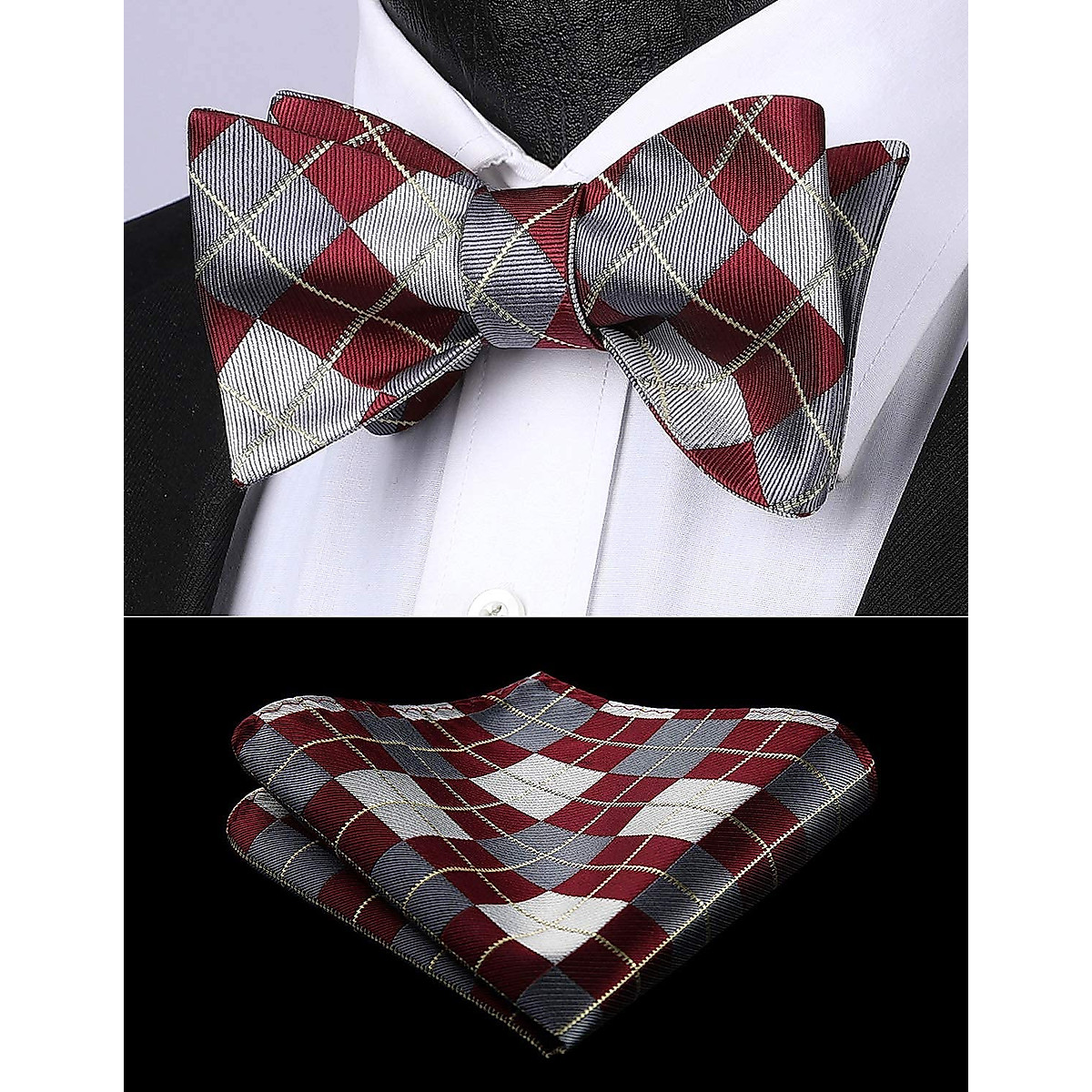 Bow Ties for Men Plaid Self-Tie Bow Tie and Pocket Square Set Classic Formal Tuxedo Bowties for Wedding & Party