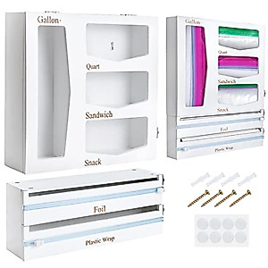Ziplock Bag Storage Organizer, Foil & Plastic Wrap Dispenser with Cutter, Zip Lock Bag Container Organizer for Gallon, Quart, Sandwich &Snack Size, Bamboo Sandwich Bag Organizer for Kitchen Drawer