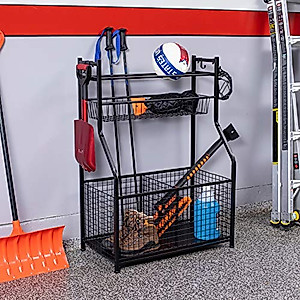 BirdRock Home Sports Equipment Ball Storage Rack for Garage - Baseball, Tennis, Football, Gym and Basketball Gear Organizer - Rack - Wide Bin Basket - 4 Hooks - Tools Garden Shovels Rack - Indoor