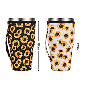 2 Pieces Reusable Iced Coffee Cup Sleeve Neoprene Cup Insulator Sleeve Cup Cover Insulated Sleeves Drinks Sleeve Holder for 30 oz Cold Hot Beverages, 2 Styles（Sunflower）