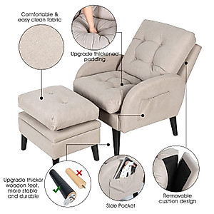 ELUCHANG Accent Chairs with Ottoman, Upholstered Comfy Armchair with Adjustable Backrest&Storage Footrest, Lazy Chair Reading Chair Leisure Sofa Recliner for Living Room Bedroom (Light Grey - Linen)