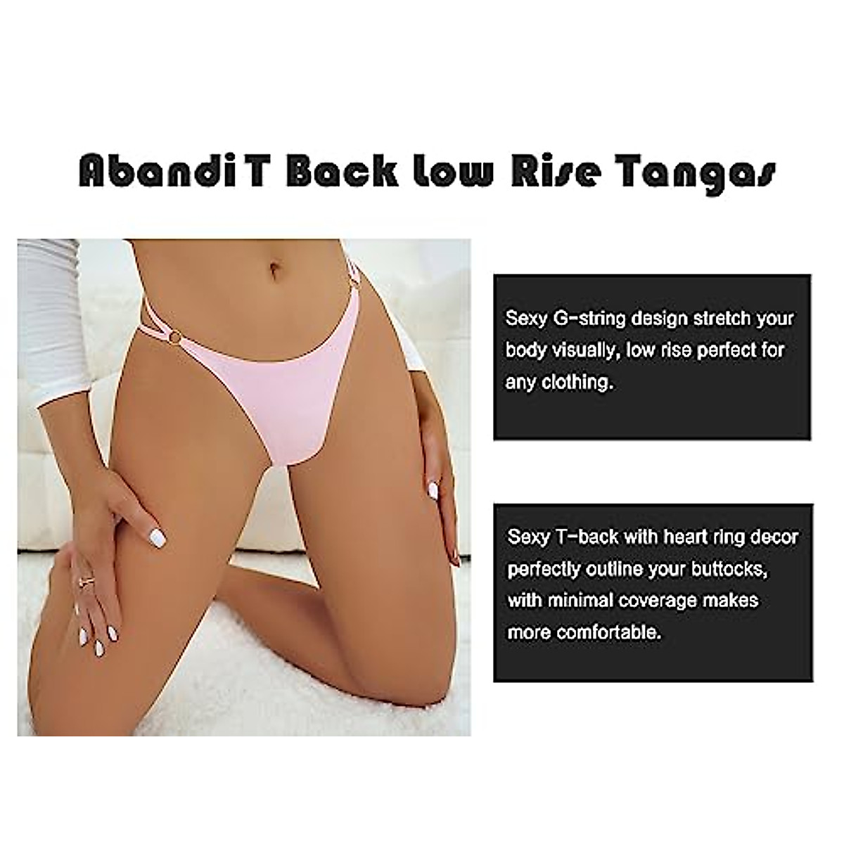 abandi 6 Pack G-String Thongs for Women,T Back Heart Ring Panty Sexy Low Rise Tangas Seamless Underwear Thong Panty, Size S