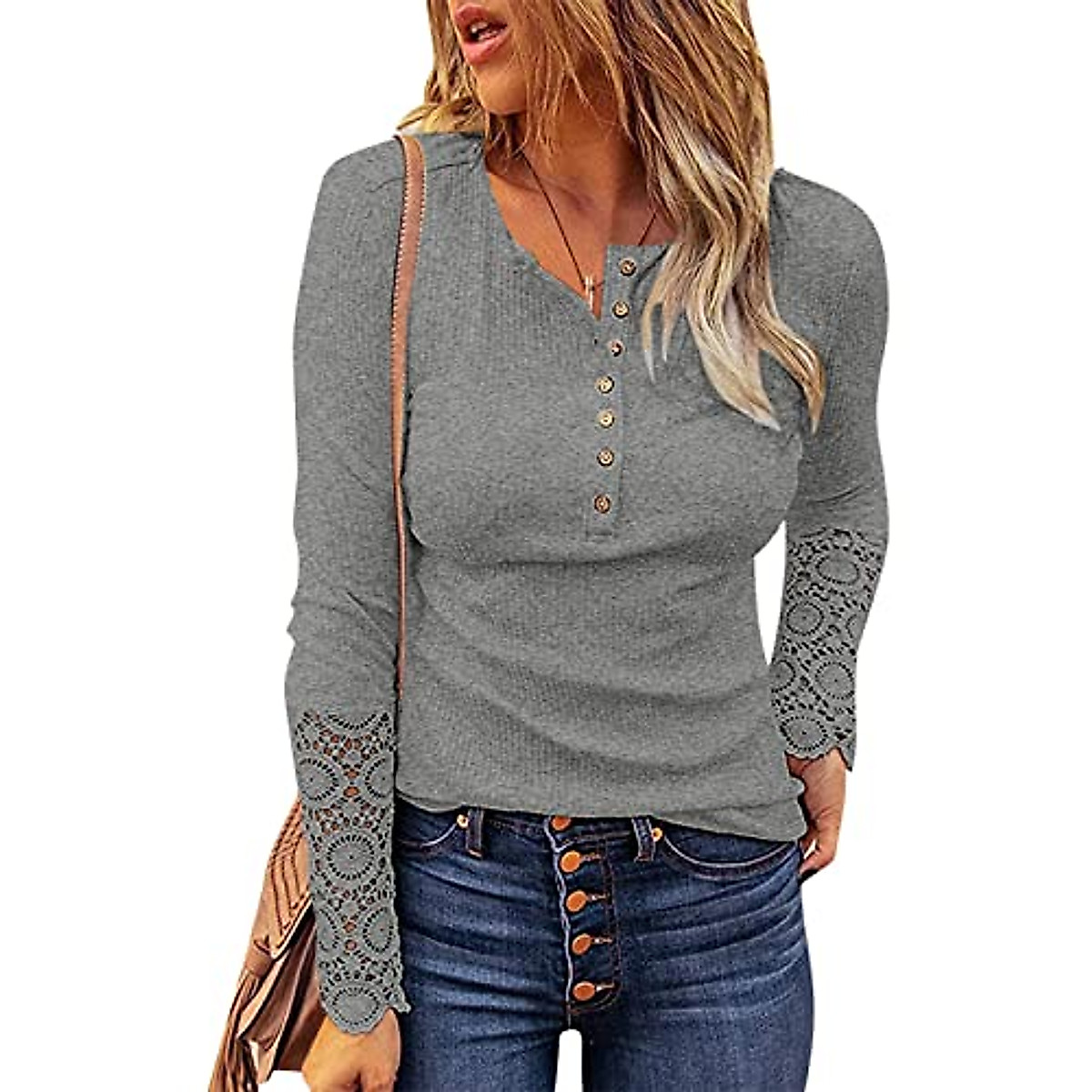 Womens Fall Tops,Long Sleeve Sexy Lace V-Neck Henley Shirts Casual Slim Fit Button Up Crochet Knit Pullover Blouses Gray