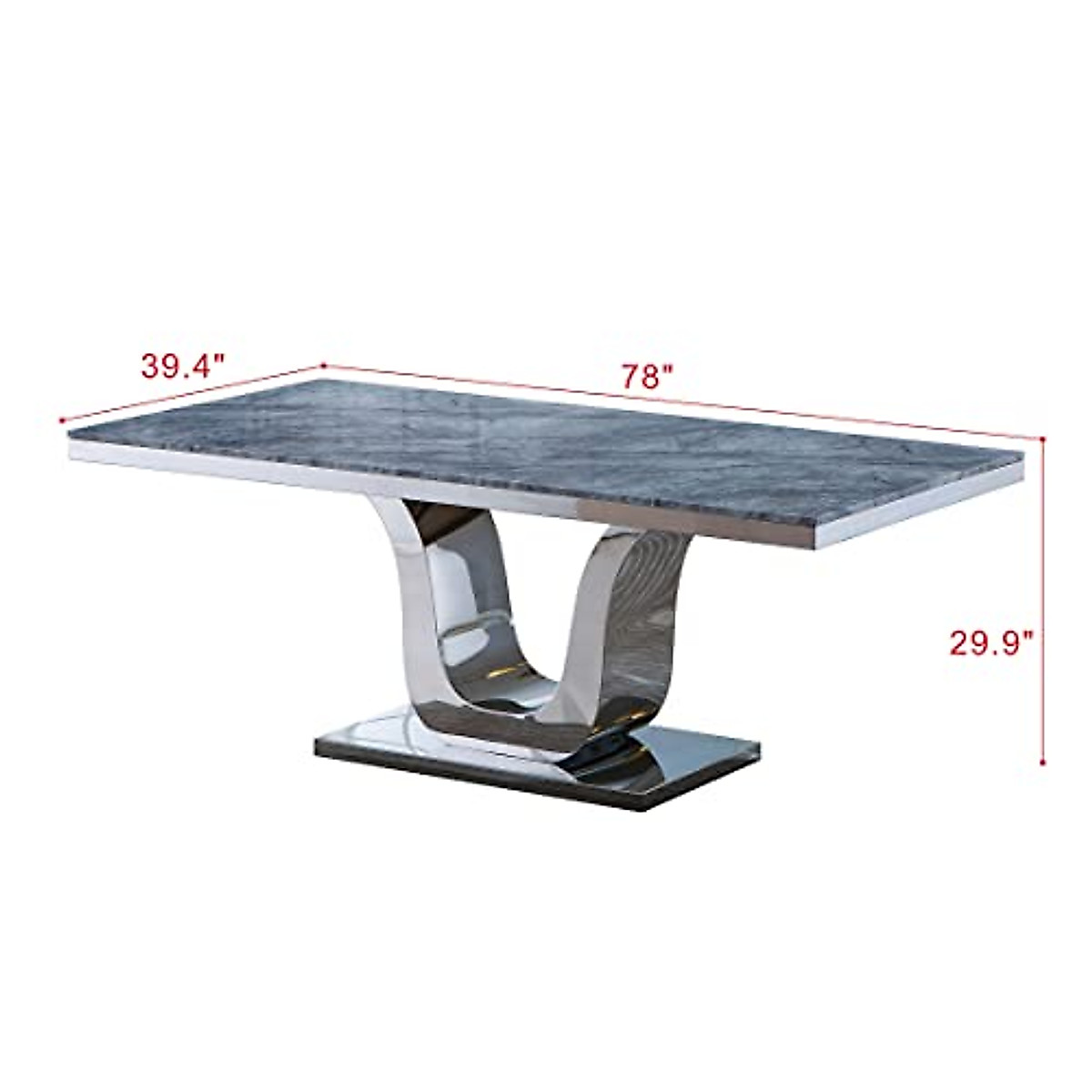 78'' Marble Dining Room Table for 6 or 8, Dining Table with Silver Stainless Steel "U" Shaped Pedestal, Rectangular Kitchen Table with 0.71'' Thick Gray Marble Tabletop, Mirror Finish Base(No Chairs)