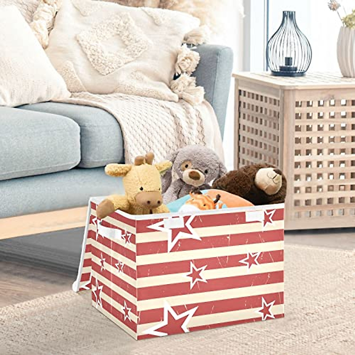 RunningBear American Patriotic Stars Large Storage Bins with Lid Collapsible Storage Bin Storage Basket Organizer Cute Storage Bin for Clothes Toys Books