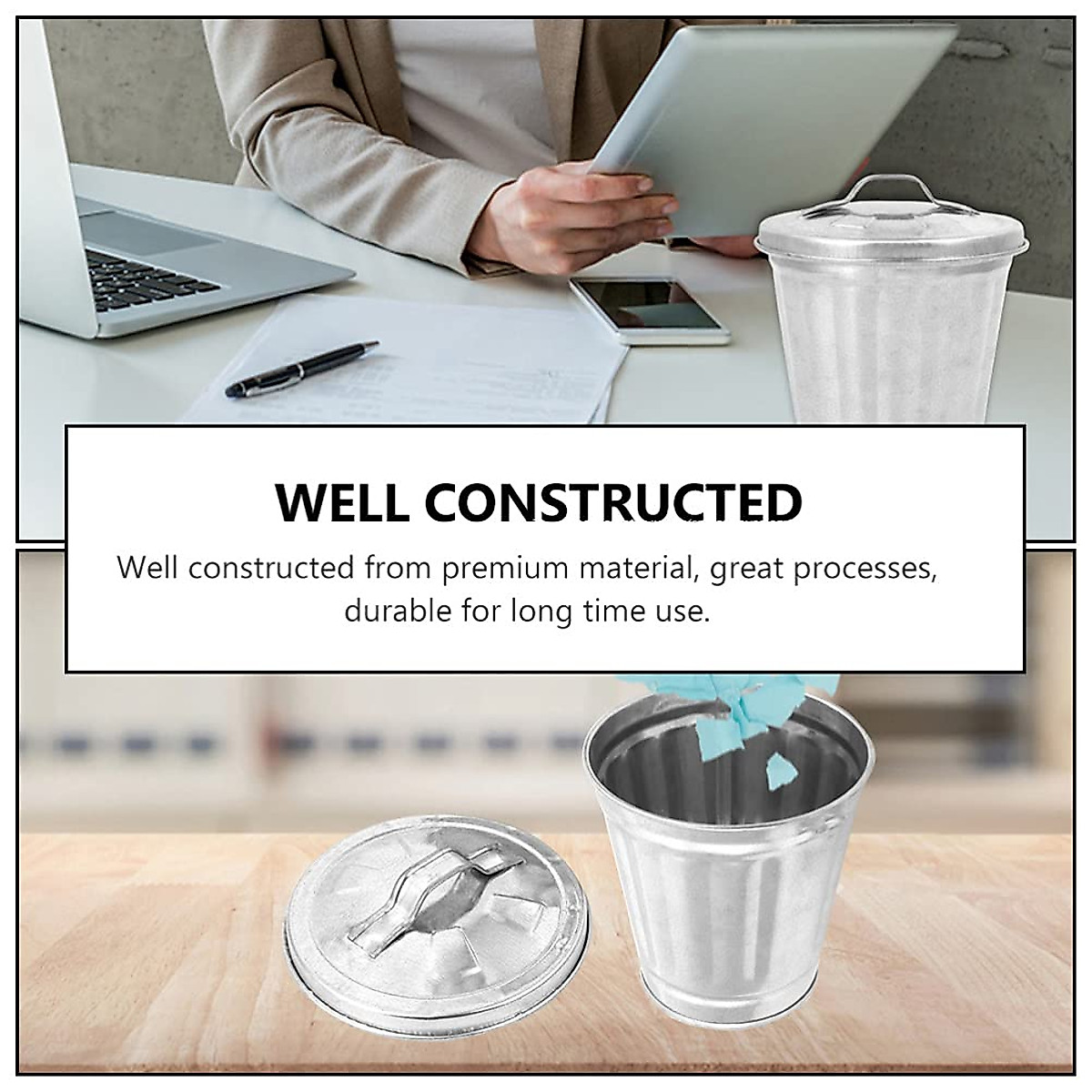 jojofuny Desktop Garbage Bin Mini Trash Can Iron Garbage Can Pencil Cup Holder Mini Wastebasket Trash Can Garbage Holder Flower Pot for Home Kitchen Office Silver