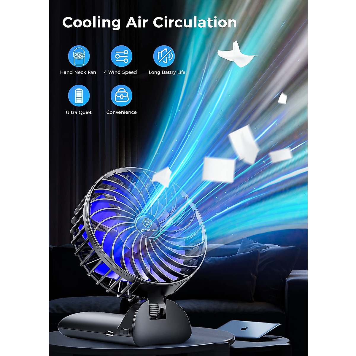 JZCreater Mini Handheld Fan,Portable Hand Held Fan, 15H Cooling Fan, Quiet 4 Speed, USB Rechargeable Battery Operated Desk Fan, Small Folding Electric Fan for Travel Outdoor Home Office Makeup, BLACK