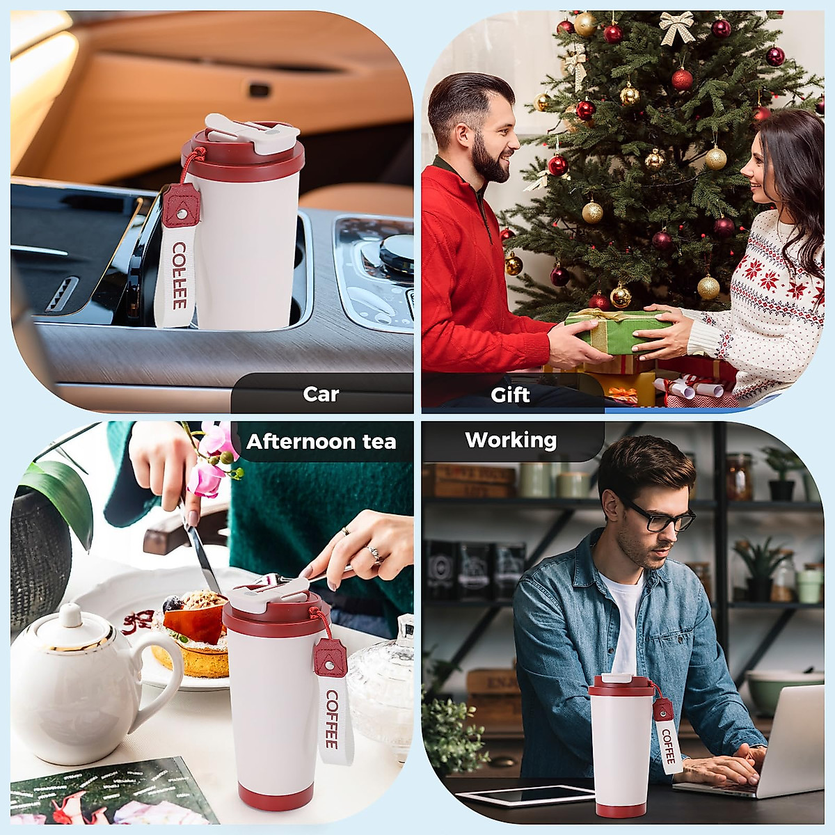 LATTPLYN Travel Coffee Mug, 18 oz Insulated Coffee Cup with Lid, Leakproof Stainless Steel Double-Wall Insulation Coffee Tumbler Cup For Hot/Ice Coffee Tea Vacuum Thermal Thermos(Beige+Red,18 oz)