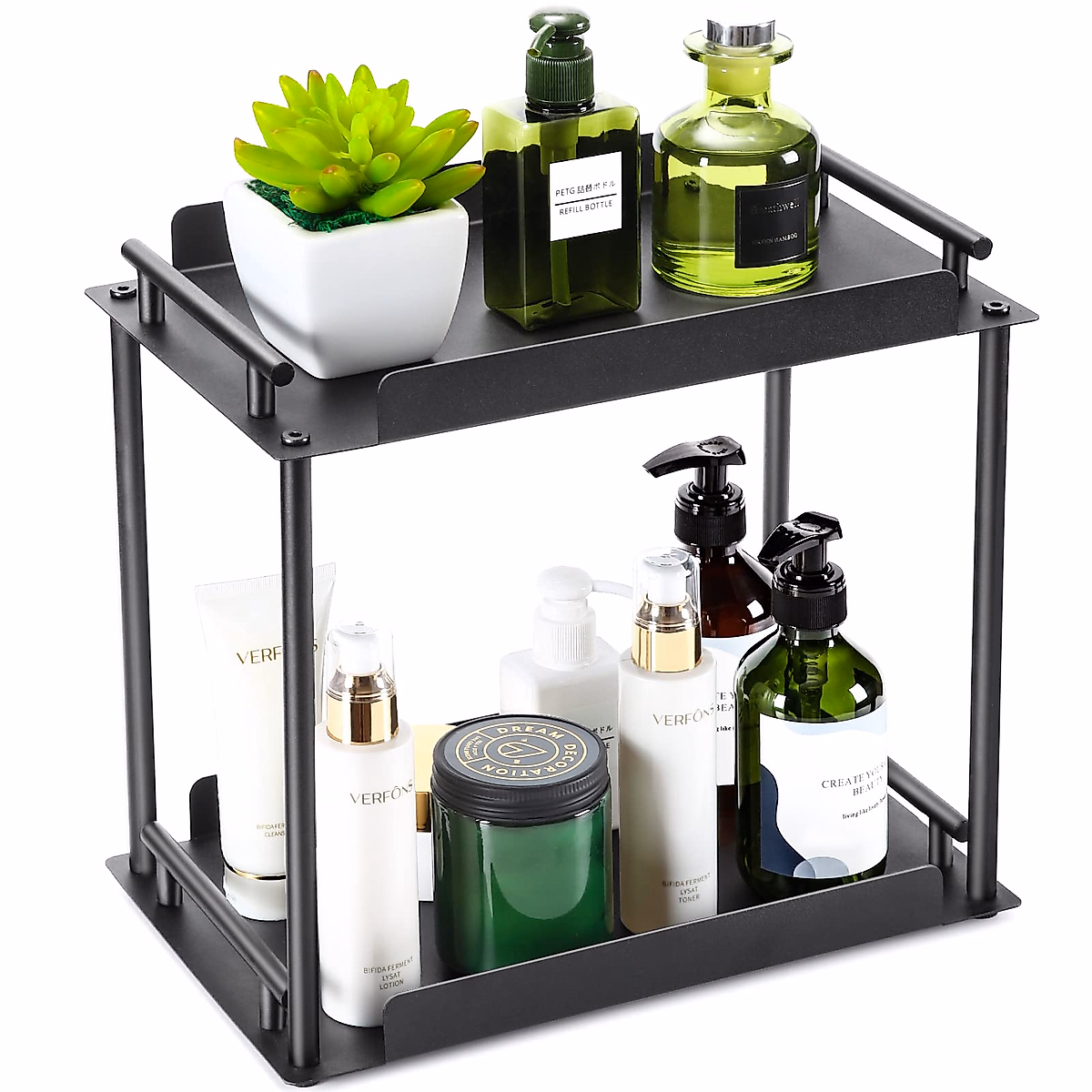 HLWDFLZ 1 Set of 2-Tier Bathroom Countertop Organizer Shelf - Metal Bathroom Counter Storage Tray Cosmetic Storage Rack, Bathroom Kitchen Living Room Standing Rack Black