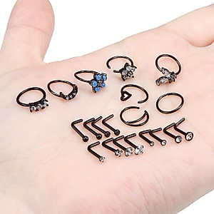 Vsnnsns 18G Nose Rings for Women Surgical Steel Nose Rings Hoops L Shaped Nose Studs Nose Hoop Rings 1.5mm 2mm 2.5mm 3mm Diamond CZ Nose Ring Nose Piercing Jewelry Black 20Pcs