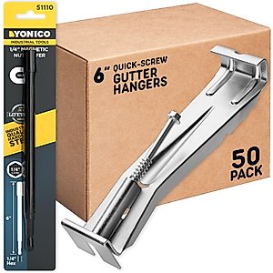 Quick Screw 6 Inch Gutter Hangers - 50 Pack - Gutter Brackets 6 Inch with Bonus 6 Inch Drill Bit - Hidden Bracket Clips with Pre-Assembled Screw - Fix Sagging Rain Gutters