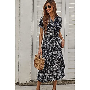 BROVAVE Women's Summer Polka Dot Print Shirt Dress Vintage Short Sleeve Button Down Midi Dress(Dark Blue, S)