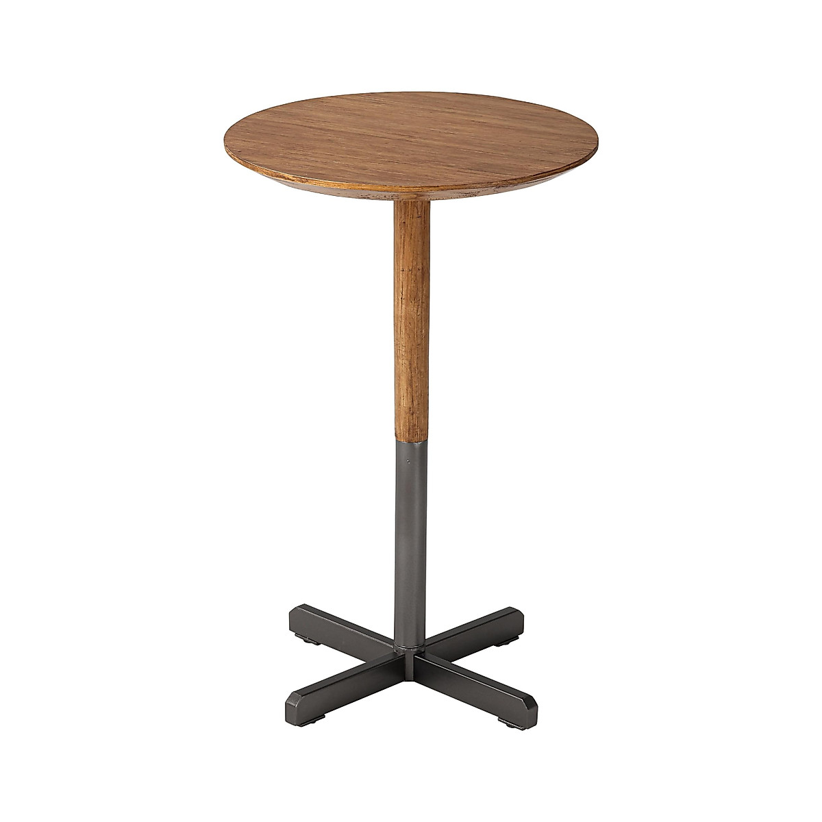 Small Pedestal End Table Modern Drink with Solid Fir Wood Top and Metal Base Light Walnut Dark Grey Brown Contemporary Round Distressed Painted Handmade