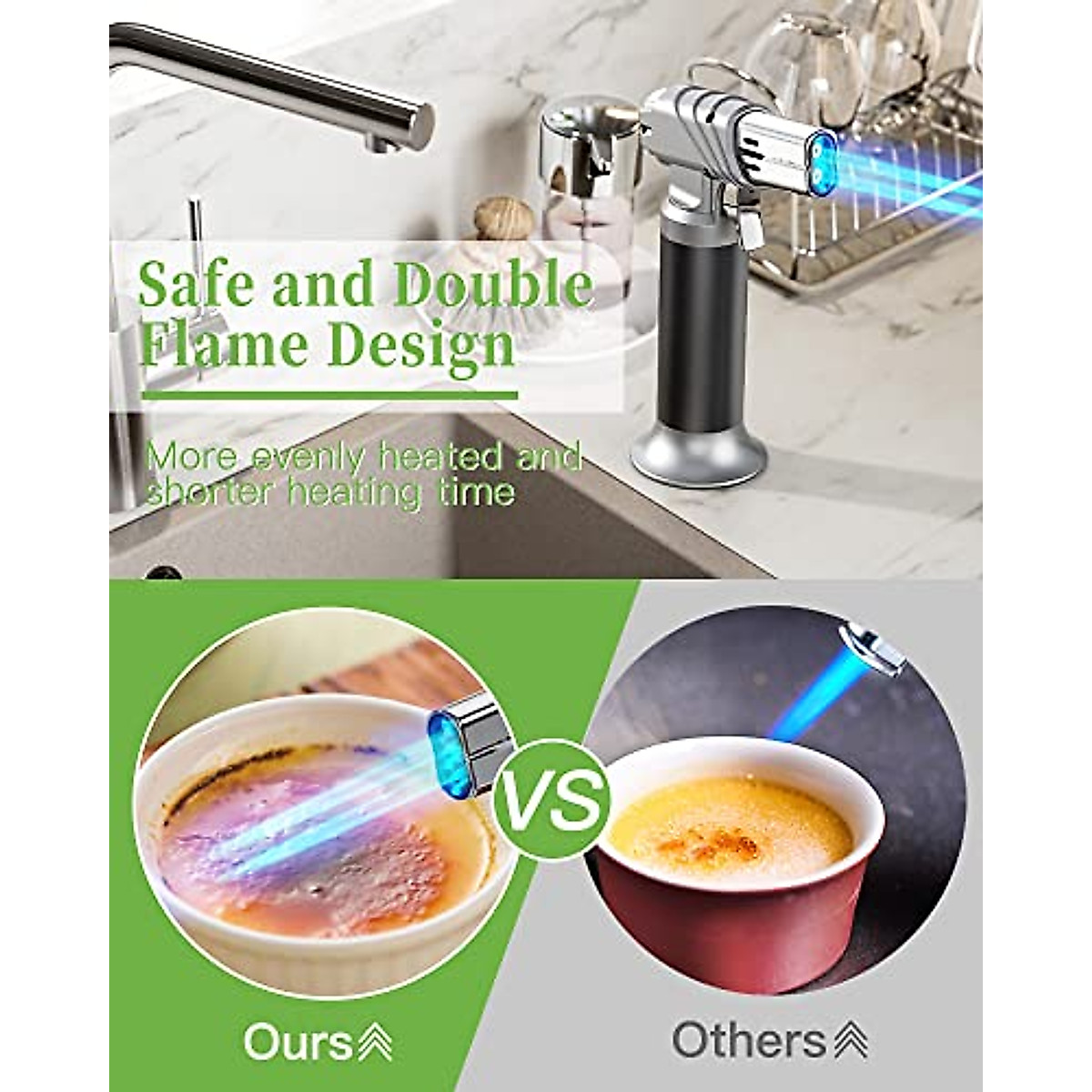 Uamector Butane Torch, Upgraded Refillable Kitchen Torch Lighter with Adjustable Dual Strong Flame & Safety Lock, Blow Food Torch for BBQ, Baking, Brulee, Creme, Silver-sets (Butane Gas Not Included)