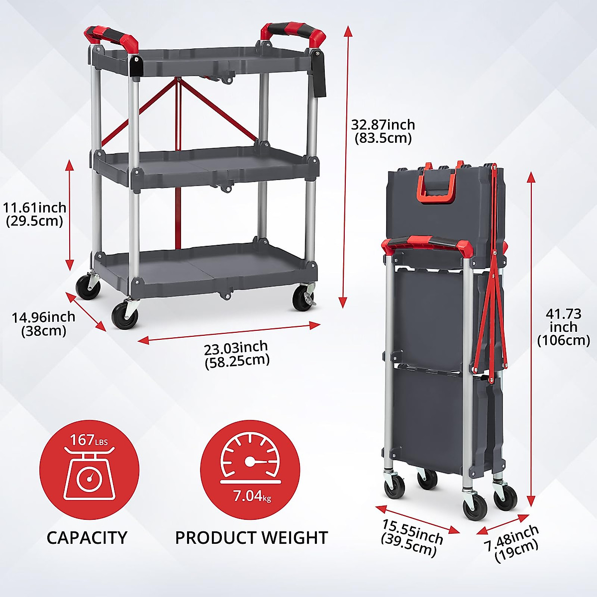 Towallmark Portable Folding Service Cart, 3 Tier Folding Utility Cart, Collapsible Utility Carts for Office, Warehouse, and Home, 56 Lbs Load Capacity per Shelf (Grey & Red)