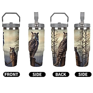 BWQJKUO Large Capacity Car Cup 30 Oz Stainless Steel Owl Sitting Tree Fence Printed Travel Mug Leak-proof Flip Straw Tumbler with Handle,keeps Cold Or Ho