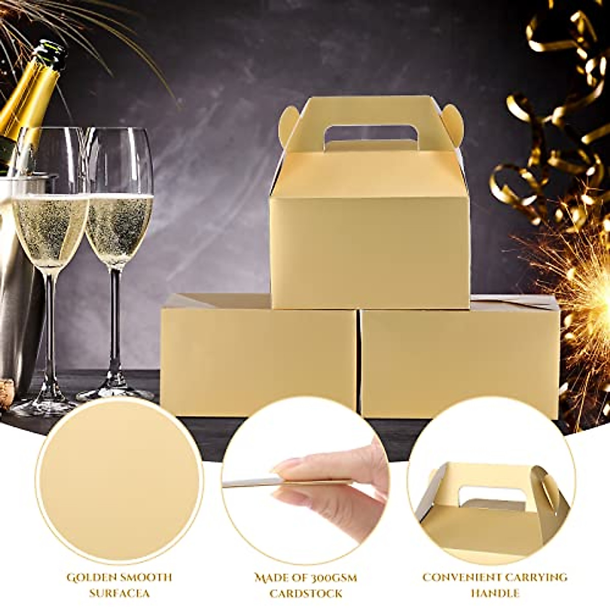 100 Pieces Gable Candy Treat Boxes, Small Goodies Gift Boxes with Handle, Dessert Boxes Favor for Wedding, Birthday Party, 6.2 x 3.5 x 3.5 Inch (Metallic Gold)