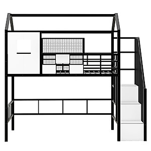 Twin Loft Bed with Storage Stairs, Roof, Window and Guardrail, House Loft Bed Twin Size/Metal Loft Bed with Storage Box, Twin Loft Bed for Kids, Girls Boys, Twin Size House Loft Bed Black