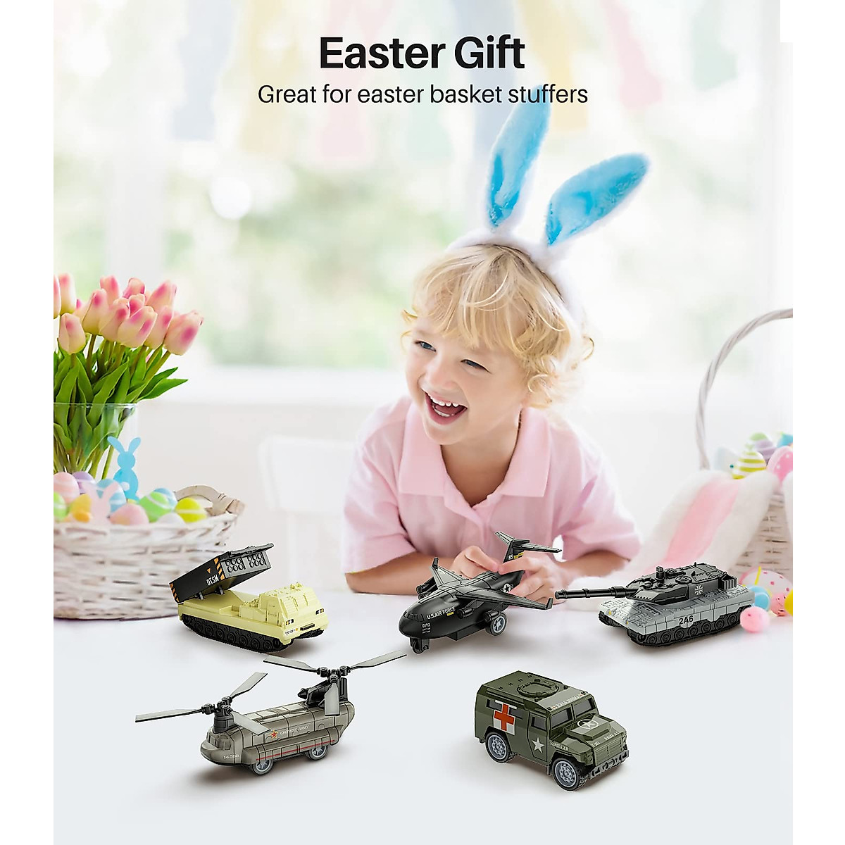 Small Army Toy Cars, Geyiie Die Cast Military Truck Vehicles Toys for Kids, Army Helicopter, Tanks, Mini Car Set as Easter Basket Stuffers Gifts for Boys Girls Age 3-8, East Party Favor