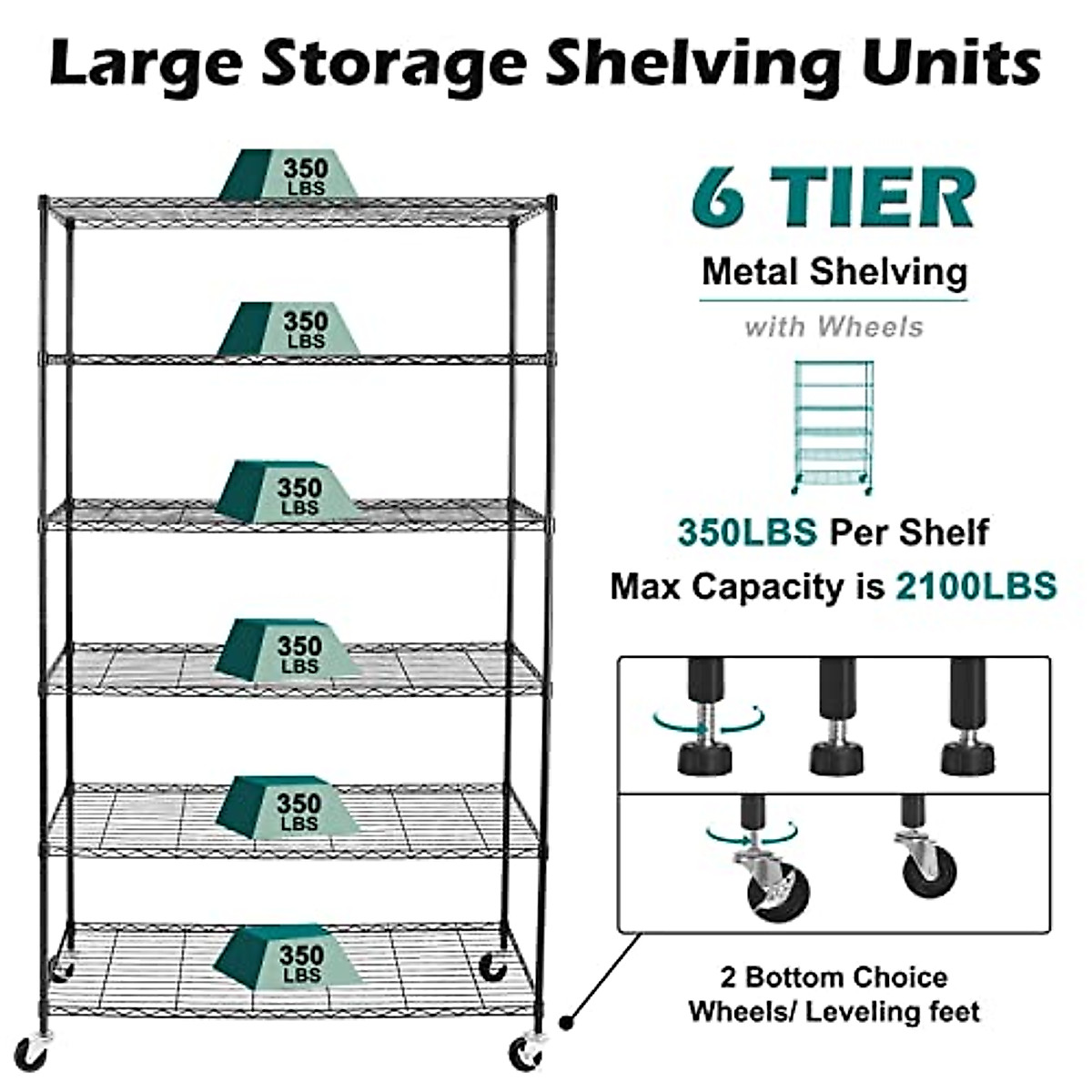 WDT NSF Certified Storage Shelves on Wheels, Heavy Duty Metal Shelves for Storage with Adjustable Stand, 6-Tier Wire Shelving Unit for Garage Pantry Kitchen Shelf Rack(17" W*47" D*80" H), Black