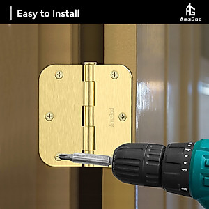 AmzGod Door Hinges Satin Brass - 12 Pack Gold Door Hinges 3.5 Inch Rounded Interior Door Hinges with 5/8" Radius - 3 1/2 Inches Flat Iron Brass Hinges for Residential Standard Doors