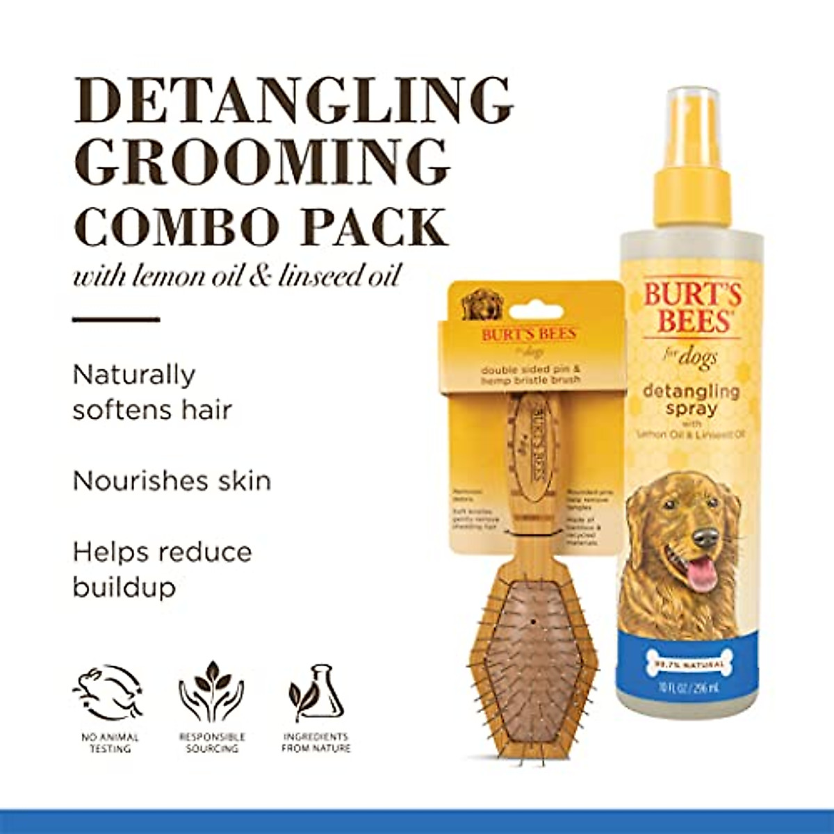 Burt's Bees for Dogs Natural Detangling Spray for Dogs and Double Sided Pin & Bristle Brush for Dogs - Burts Bees Dog Detangling Spray, Dog Brush, Dog Hair Detangler, Pin Brush, Dog Hair Brush