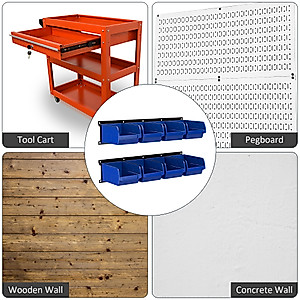 UNITEDPOWER Wall Mounted Garage Storage Bin, Parts Rack, Plastic Hanging Stackable Storage Bin, Hardware Tool Organizer for workshop, Craft Room, school and Shop, 8 Bins 2 Rails (Blue)