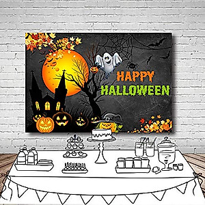 MEHOFOTO Happy Halloween Backdrops for Photography Pumpkin Ghost Halloween Eve Maple Leaves Full Moon Banner Black Evening Birthday Party Decoration Photo Studio Booth Background Props7x5ft
