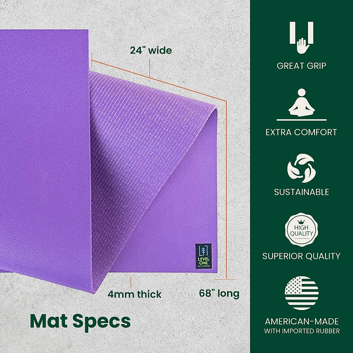 JadeYoga Level One Yoga Mat - Secure Grip, Comfortable & Durable Exercise Mat for Beginners - Portable Padded Mat - Fitness Mat for Yoga, Pilates, Stretching, Home Workout and More (Classic Purple)
