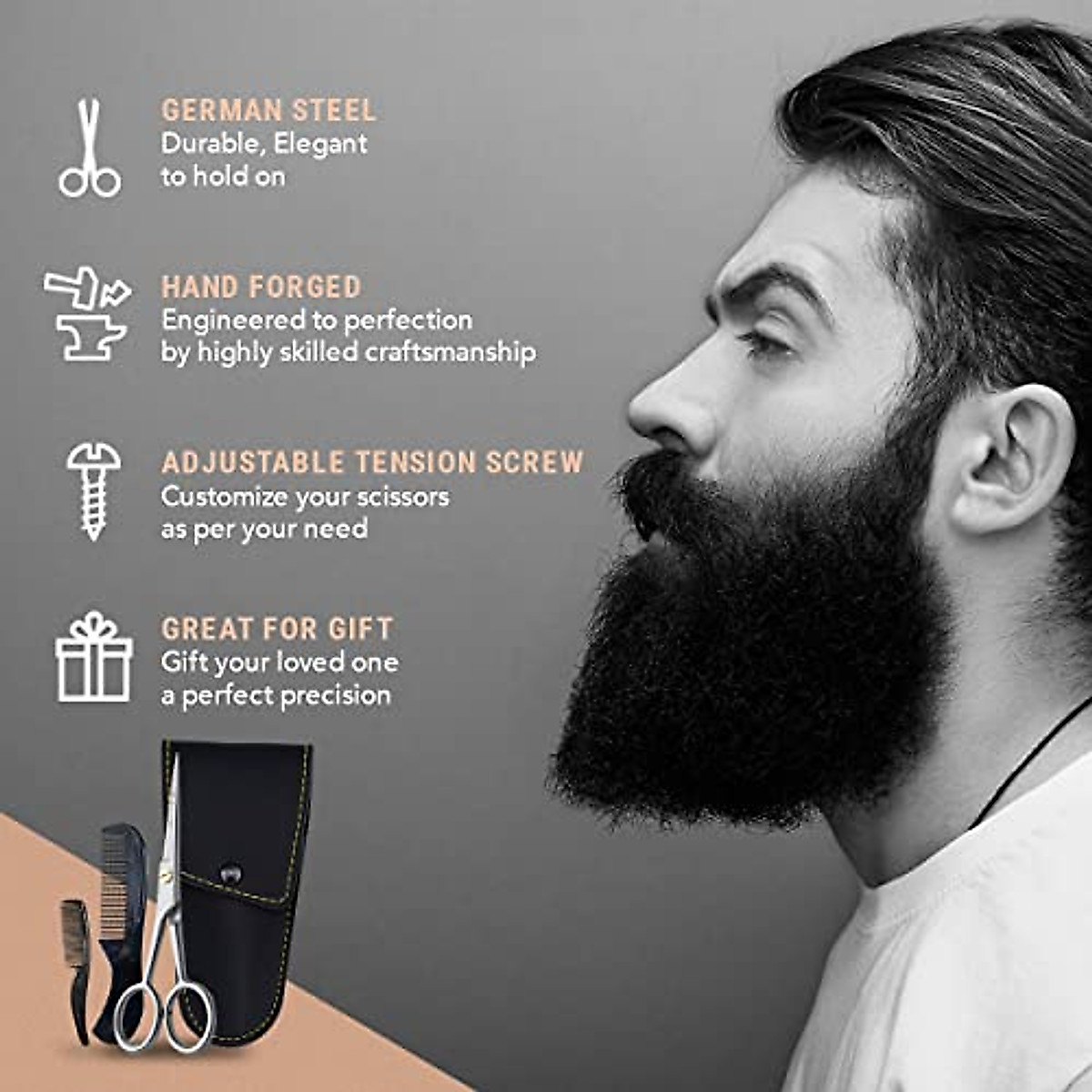 ONTAKI 5" Professional German Steel Beard & Mustache Barber Scissors - 2 Comb & Carrying Pouch - Hand Forged With Bevel Edge For men - Men’s Facial Hair Grooming Kit Body or Facial Hair (Silver)